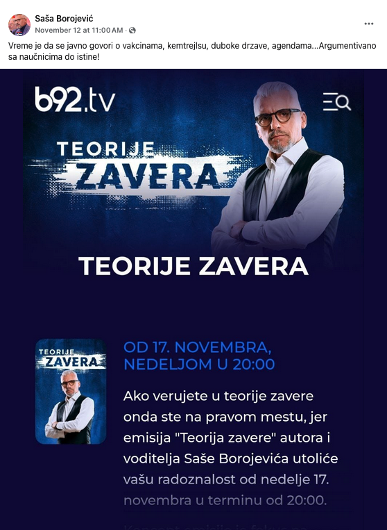 Teoretičar zavere, od sada i na nacionalnoj frekvenciji – TV B92 nova platforma za Sašu ...
